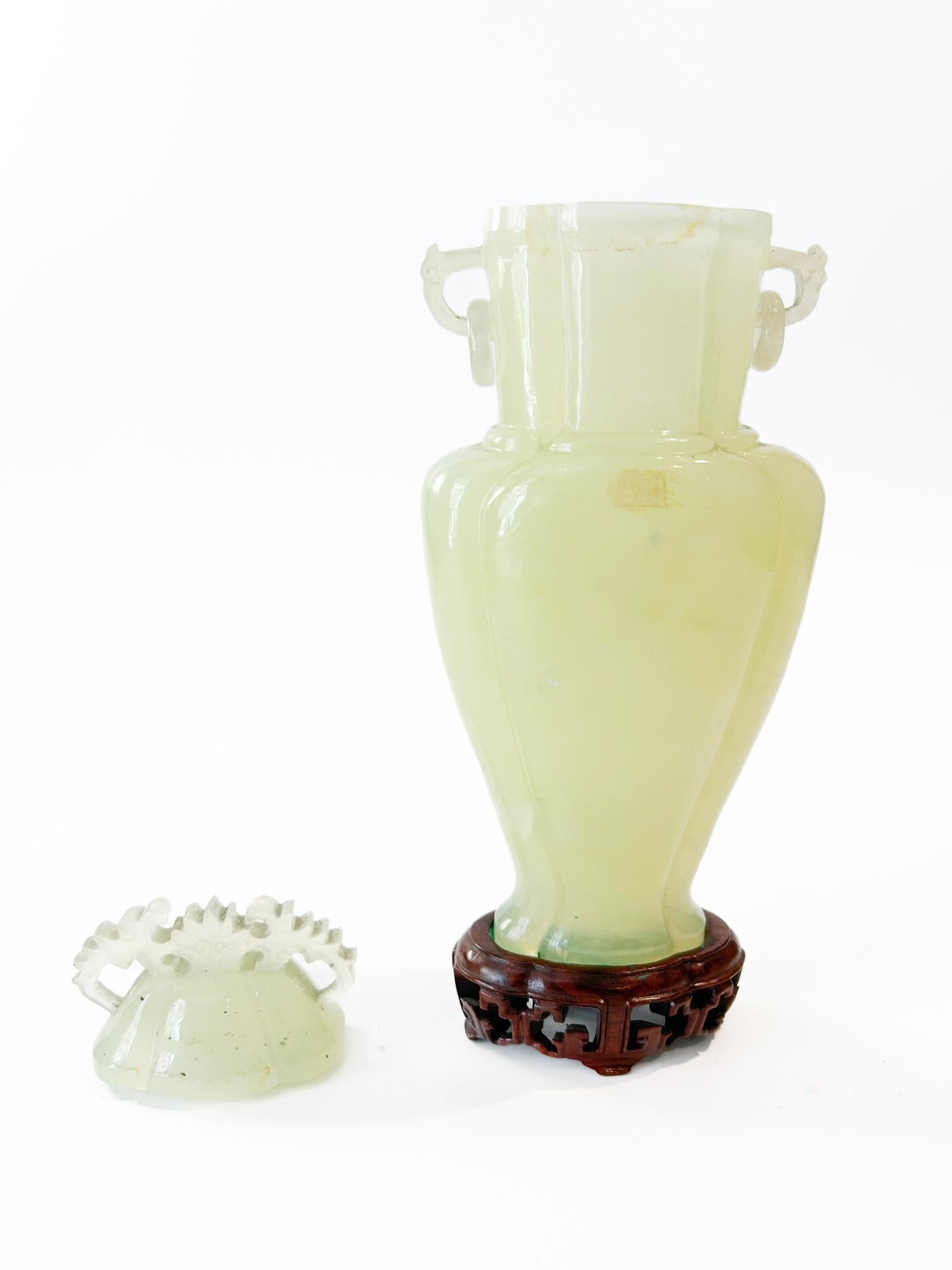 Chinese Jade Vase with Lid and Base from the 1950s For Sale at 1stDibs