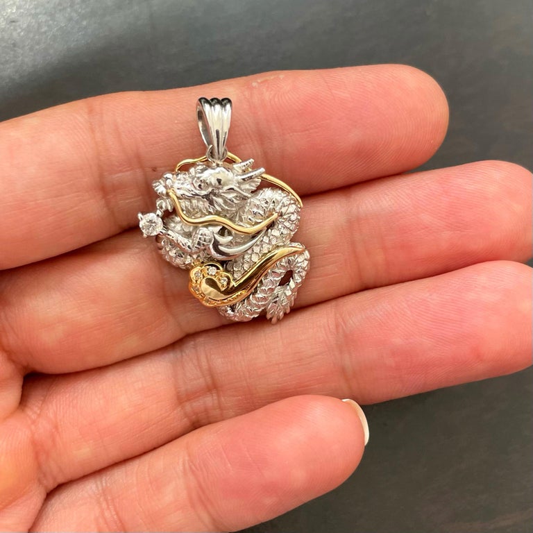 Chinese-Japanese Dragon Pendant with Diamonds in Platinum and 18k Gold ...