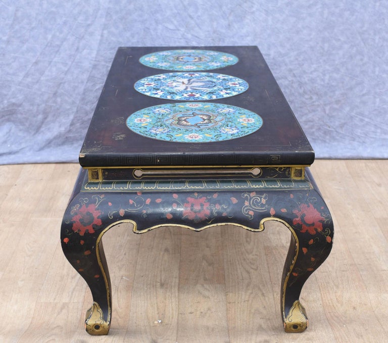 Chinese Lacquer Coffee Table, Cloisonne Porcelain Plaques For Sale at ...
