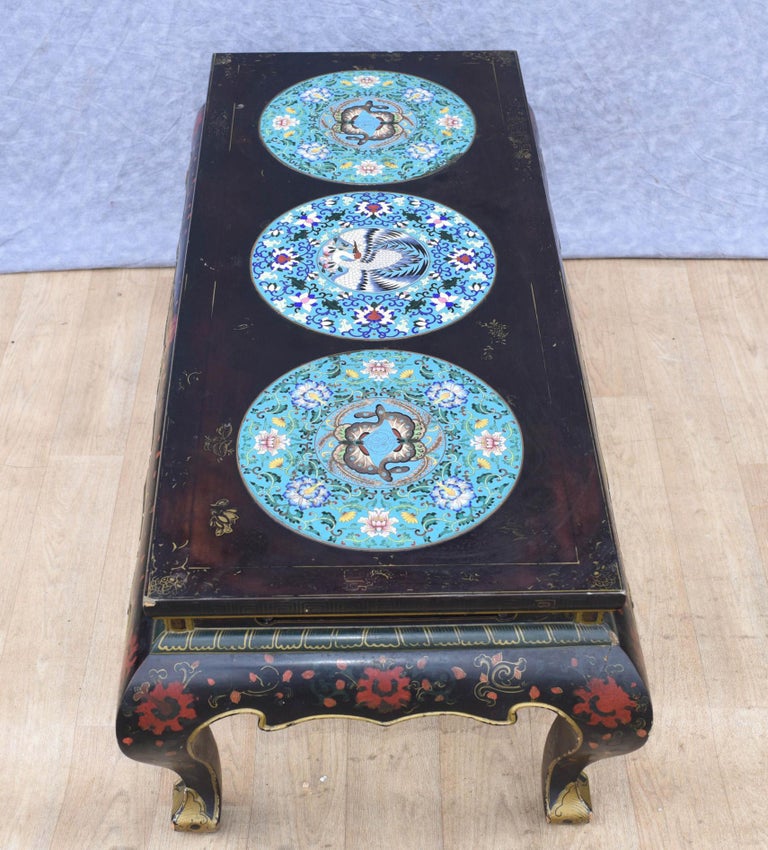 Chinese Lacquer Coffee Table, Cloisonne Porcelain Plaques For Sale at ...
