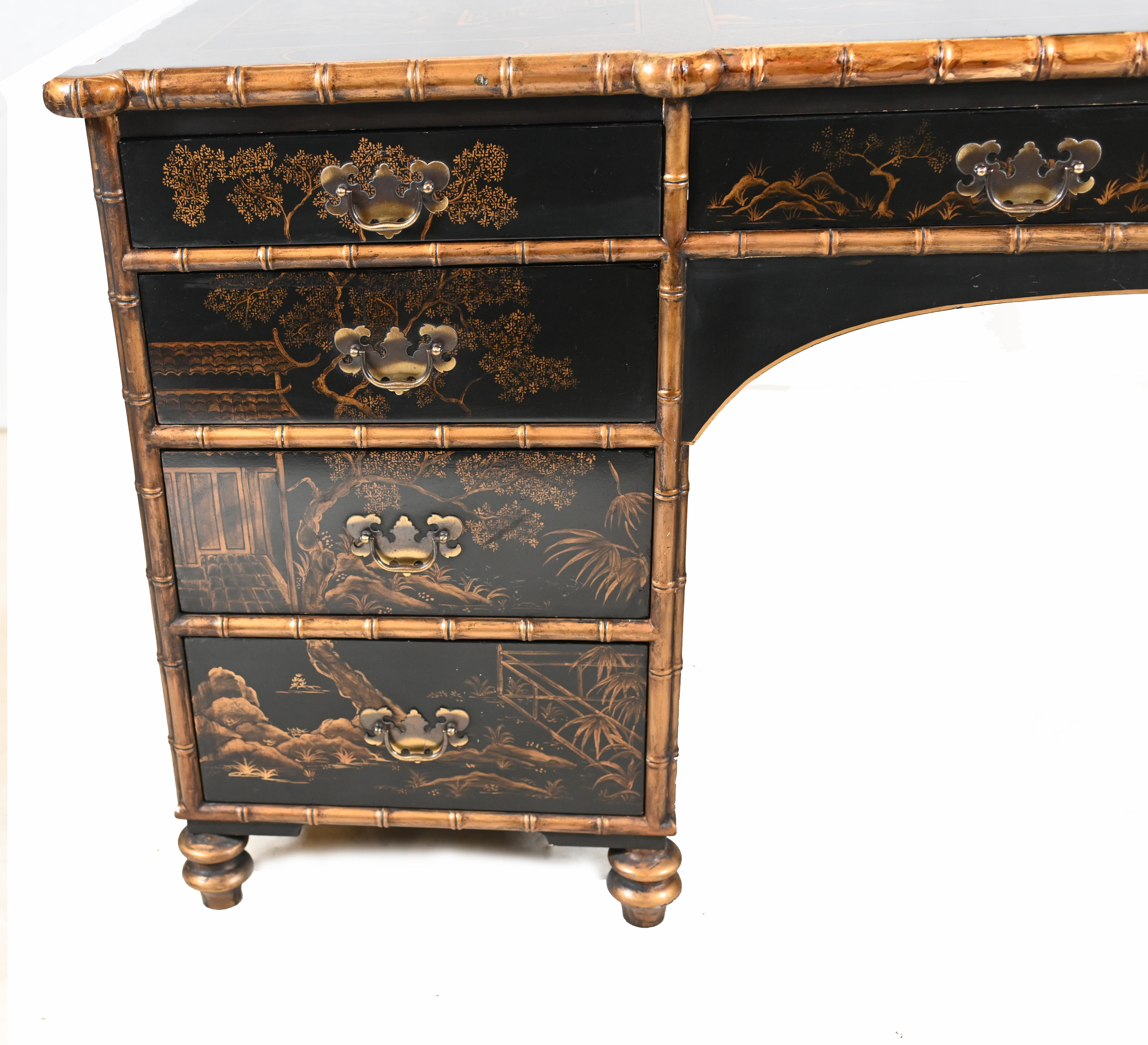 Chinese Lacquer Desk Chinoiserie Faux Bamboo Writing Table For Sale at ...