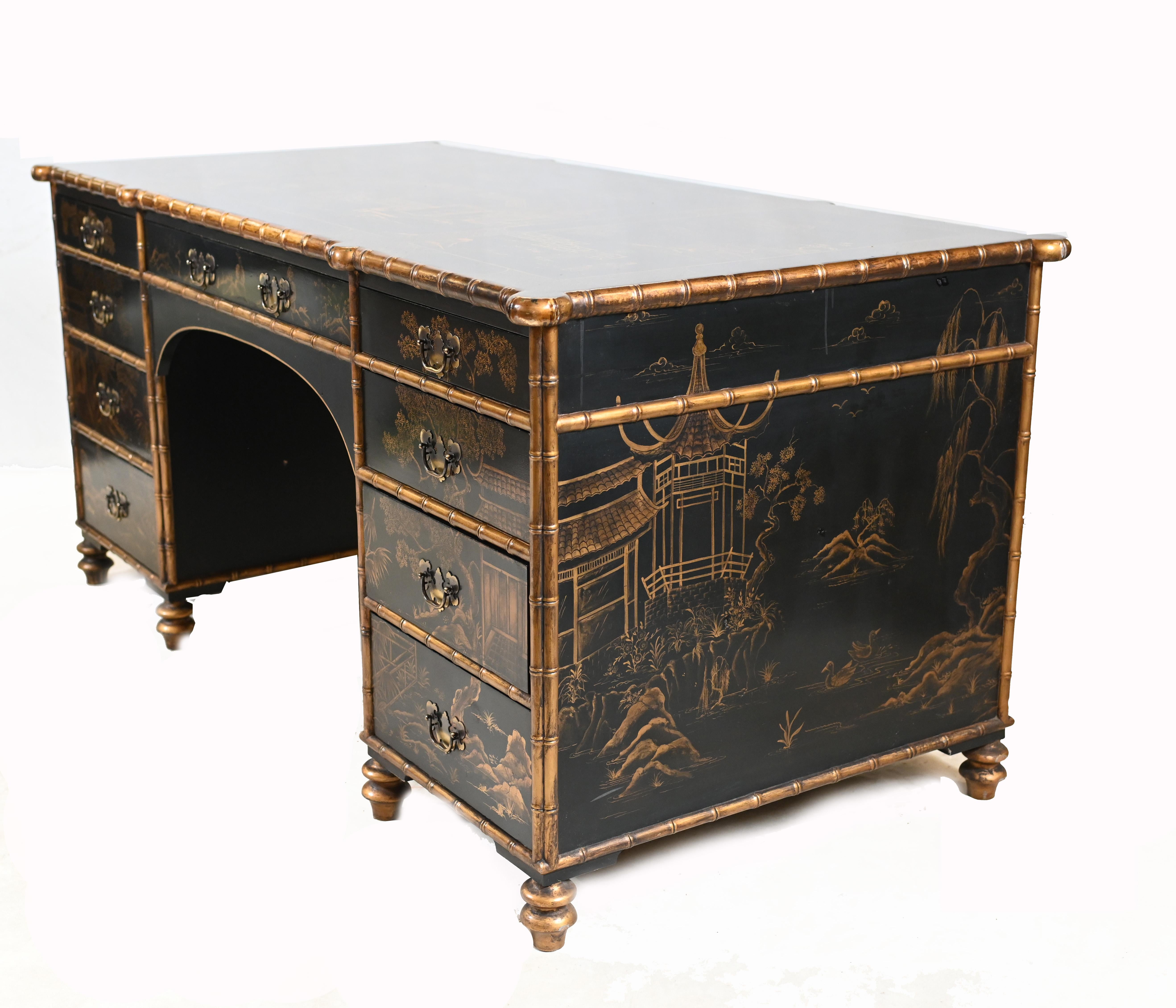Chinese Lacquer Desk Chinoiserie Faux Bamboo Writing Table For Sale at ...