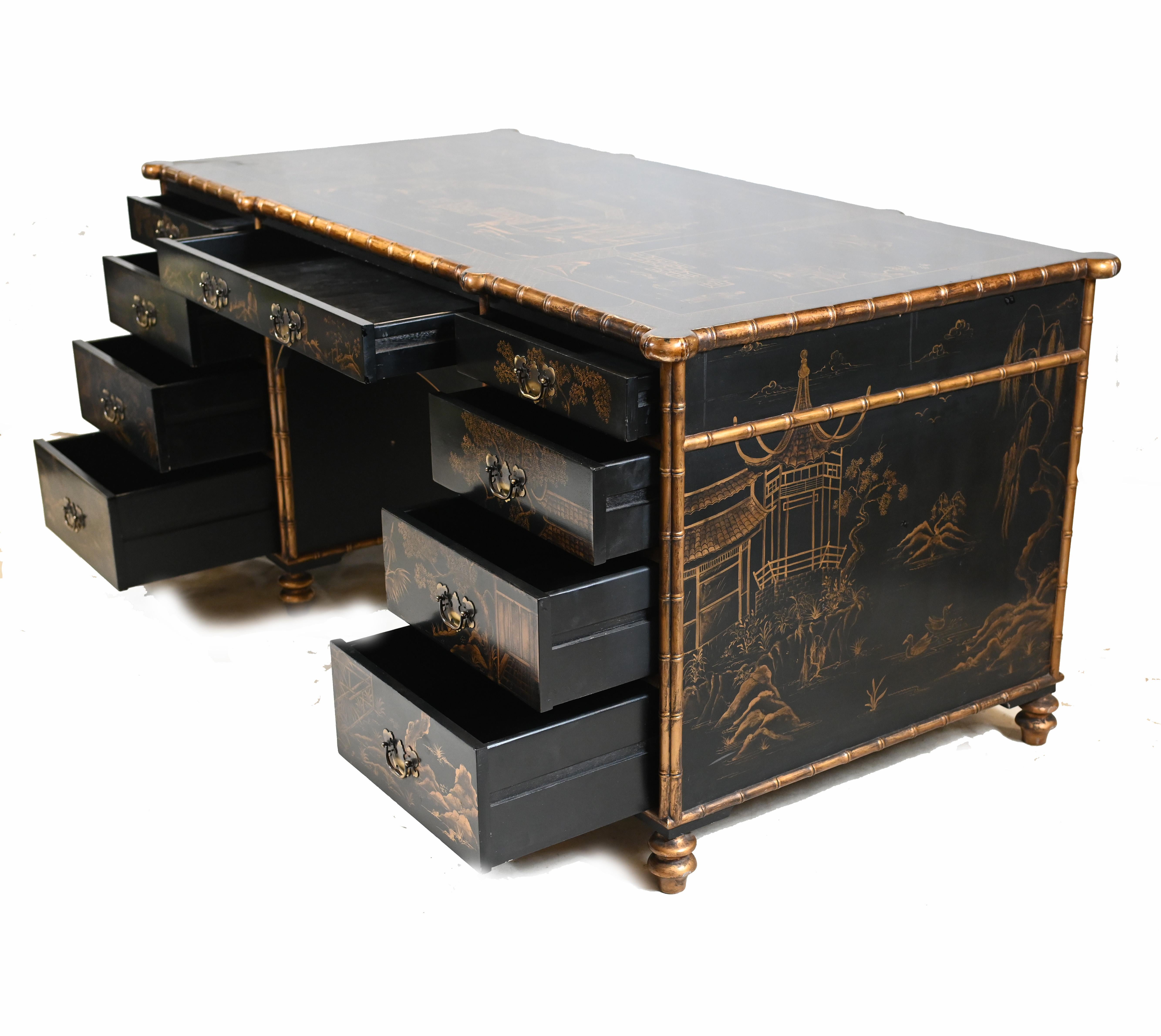 Chinese Lacquer Desk Chinoiserie Faux Bamboo Writing Table For Sale at ...