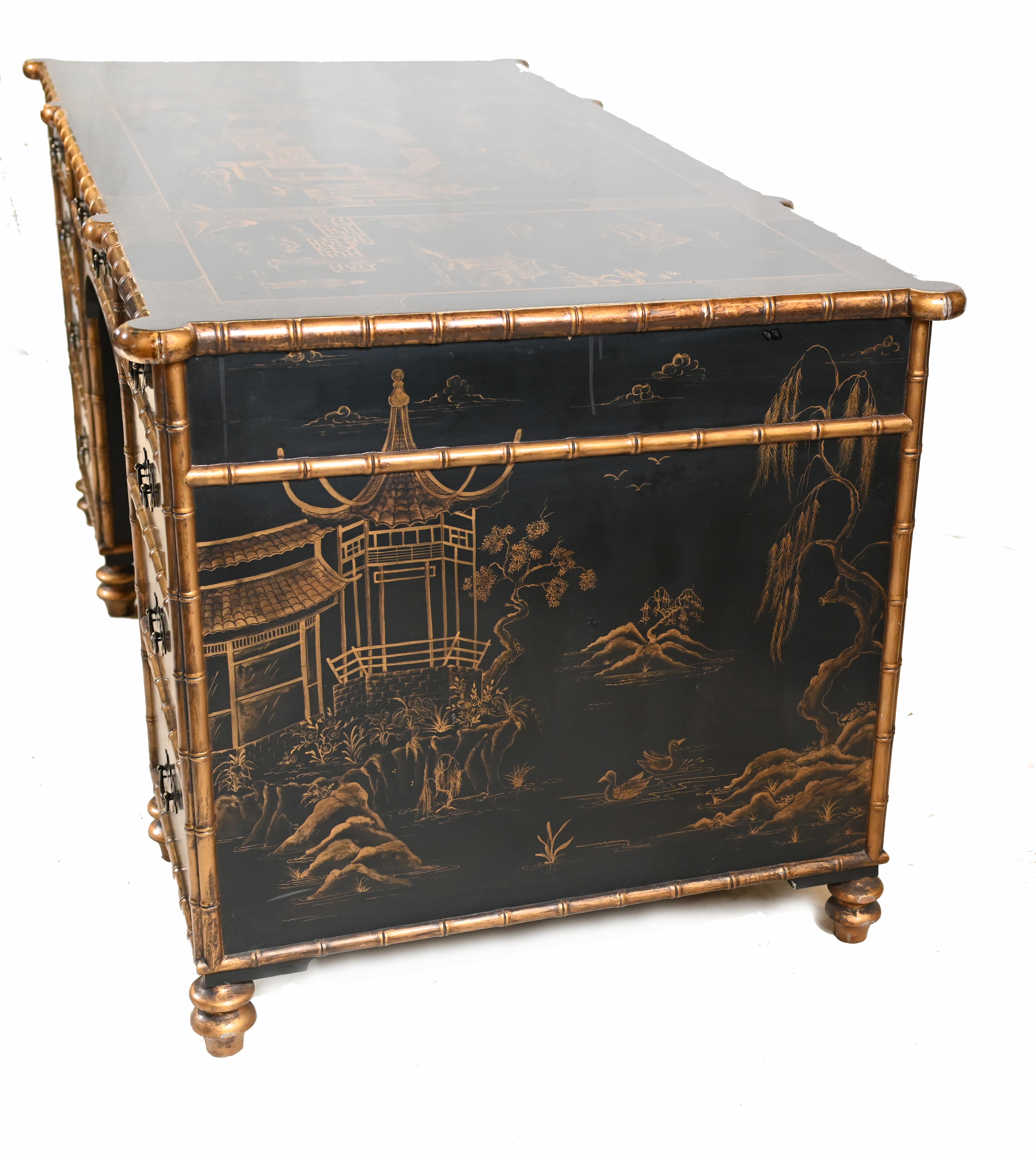 Chinese Lacquer Desk Chinoiserie Faux Bamboo Writing Table For Sale at ...