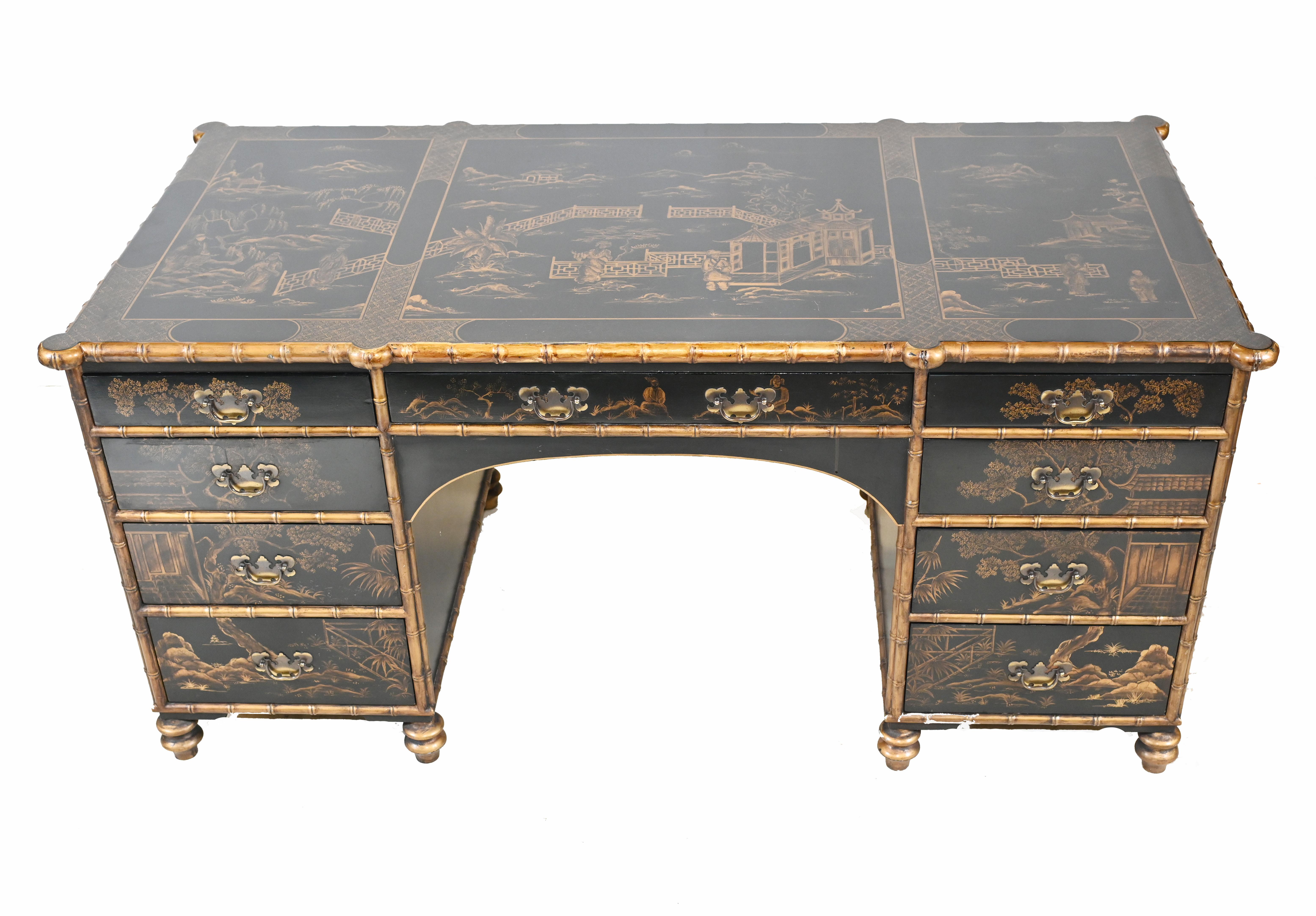 Chinese Lacquer Desk Chinoiserie Faux Bamboo Writing Table For Sale at ...