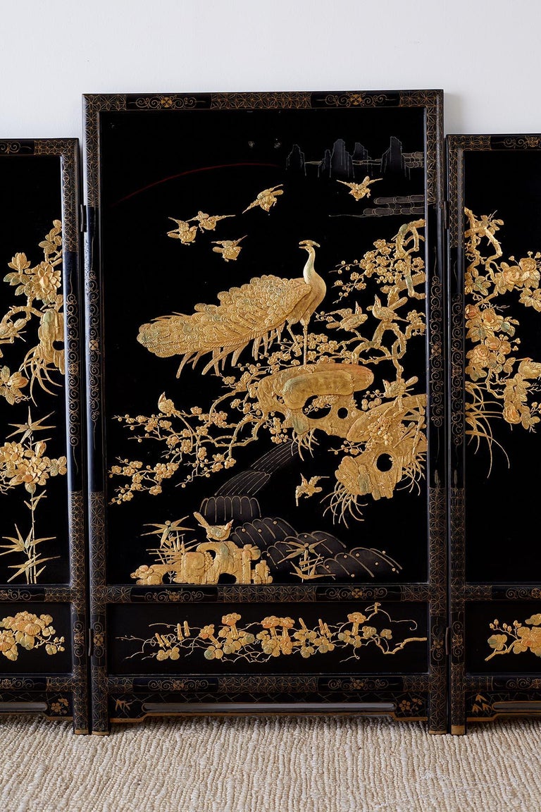 Chinese Lacquer Gilt Five Panel Peacock Screen at 1stDibs | peacock ...