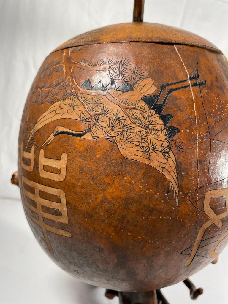 Chinese Lanzhou Gourd Carving with Macrame Cord on Root Stand Sculpture ...