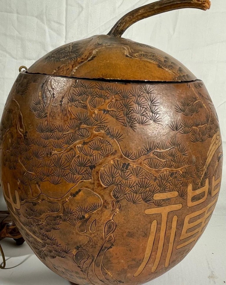 Chinese Lanzhou Gourd Carving with Macrame Cord on Root Stand Sculpture ...