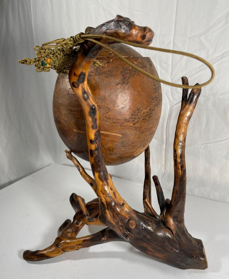 Chinese Lanzhou Gourd Carving with Macrame Cord on Root Stand Sculpture ...