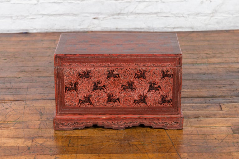 Chinese Late 19th Century Red Trunk with Black Hand-Painted Riders on ...