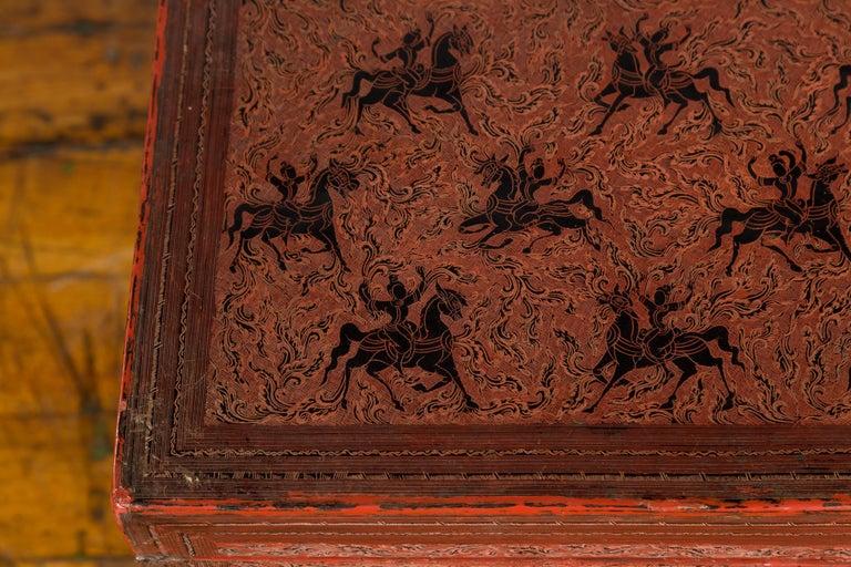 Chinese Late 19th Century Red Trunk with Black Hand-Painted Riders on ...