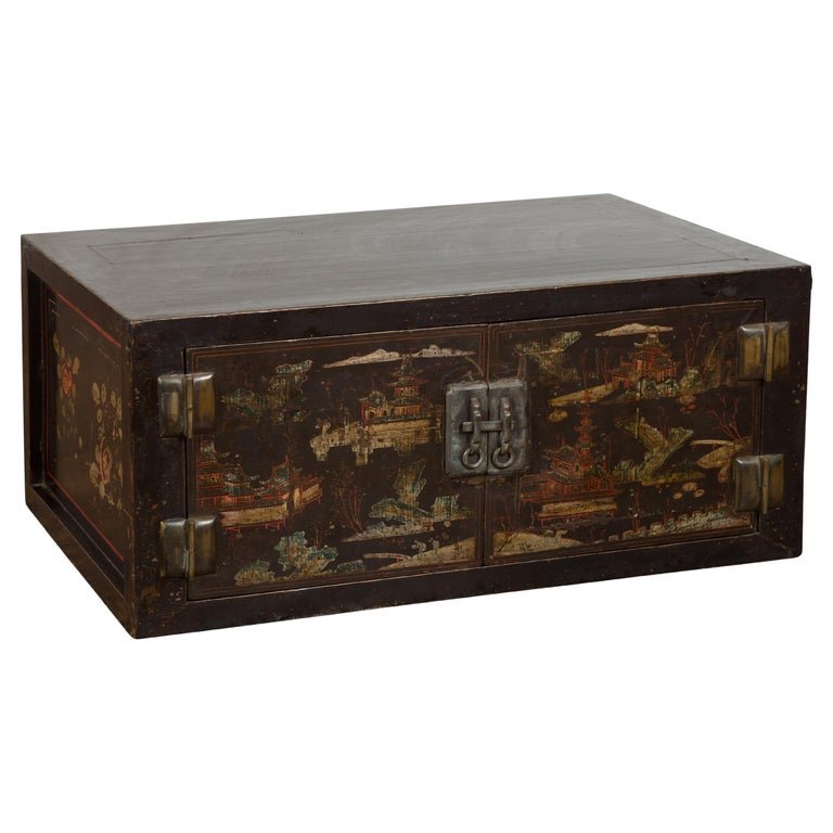 Chinese Late Qing Dynasty Dark Lacquer Low Cabinet with Architecture ...