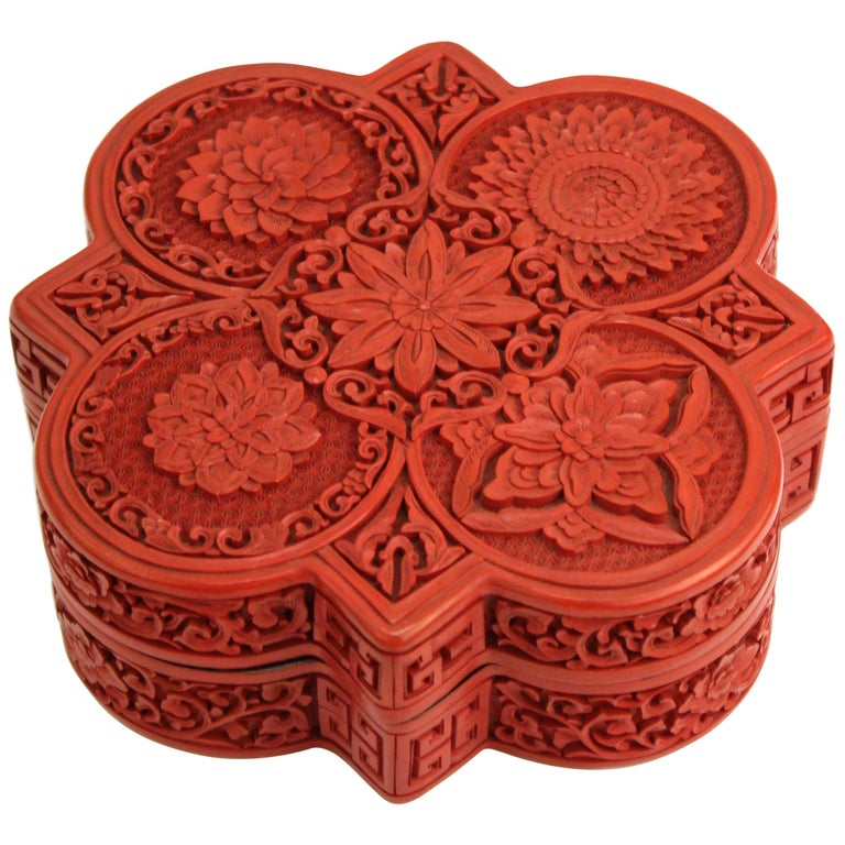 Chinese Lidded Cinnabar Box with Five Flower Design at 1stDibs
