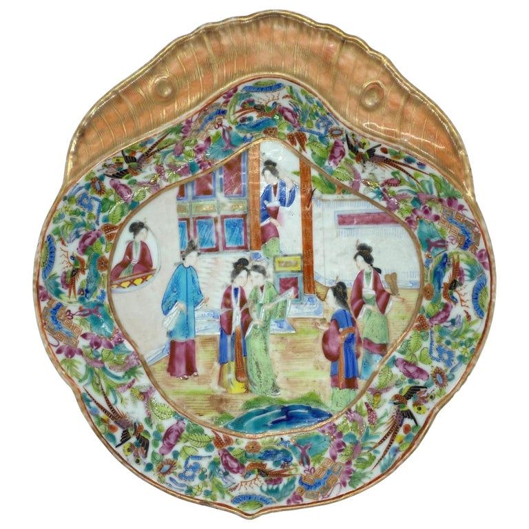 Chinese Rose Mandarin Shrimp Dish with Elaborate Enameled Gilded Handle ...