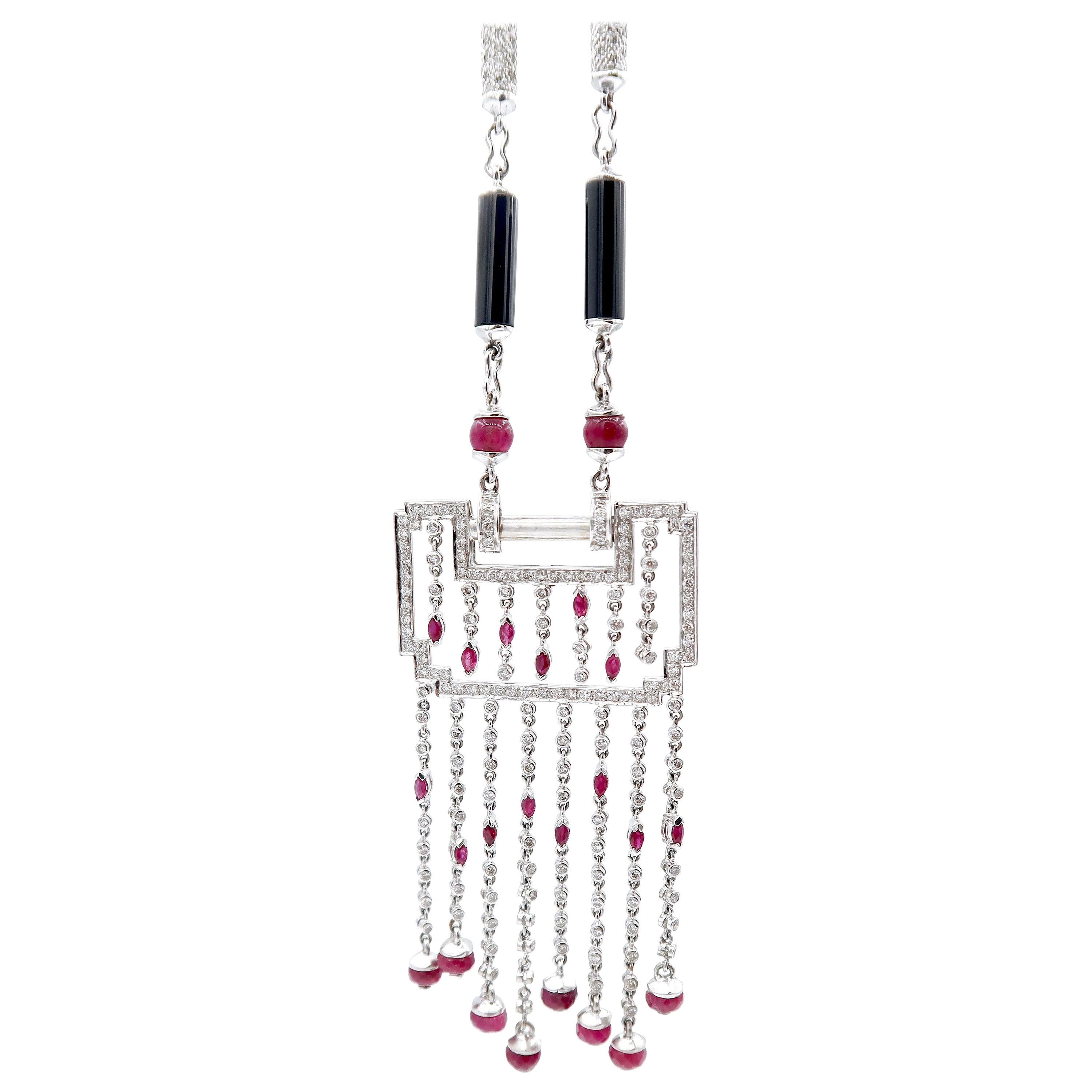 Chinese Meander Pattern Ruby Onyx Beads and Diamond 18 Karat Gold ...