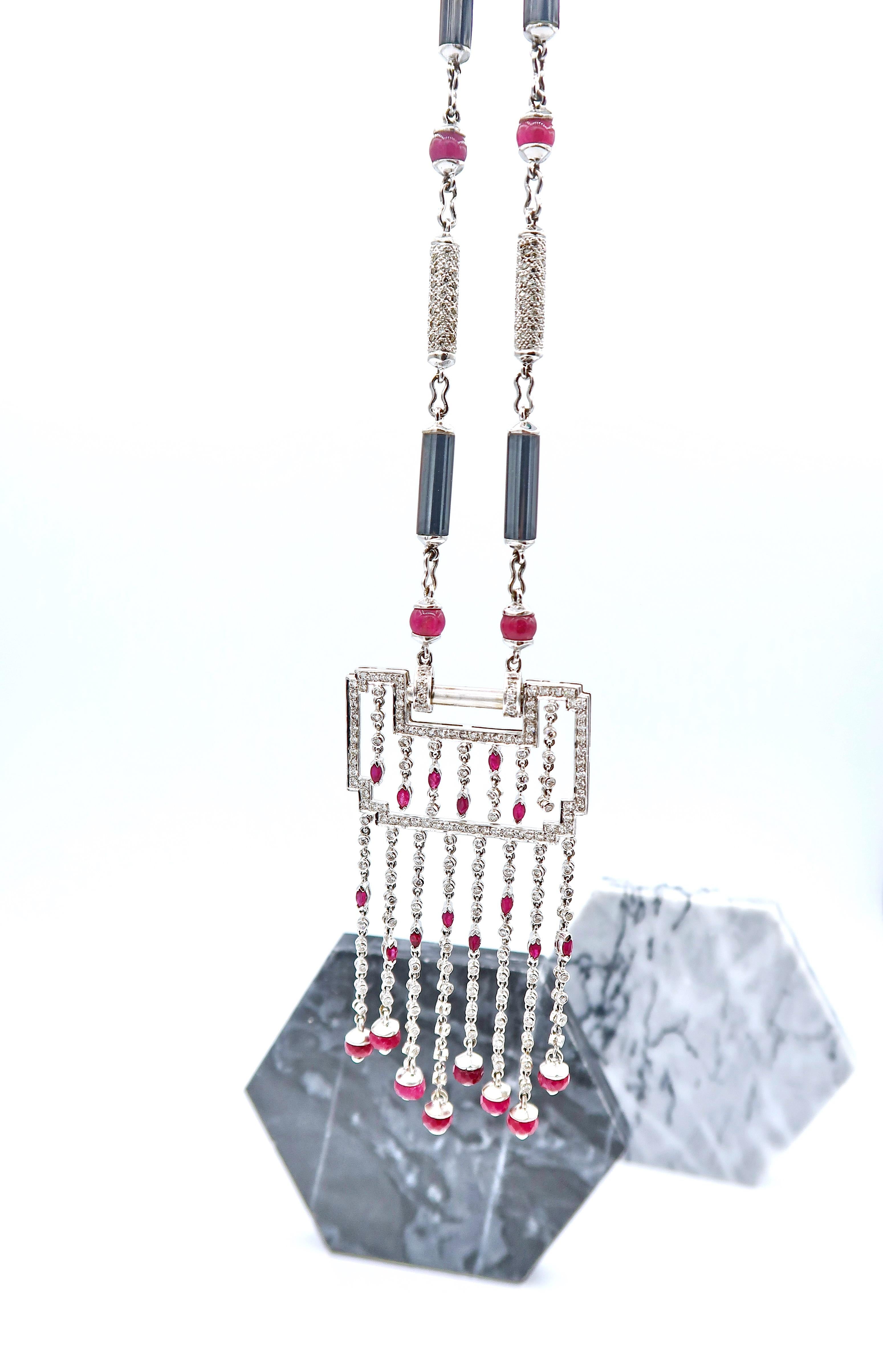 Chinese Meander Pattern Ruby Onyx Beads and Diamond 18 Karat Gold ...