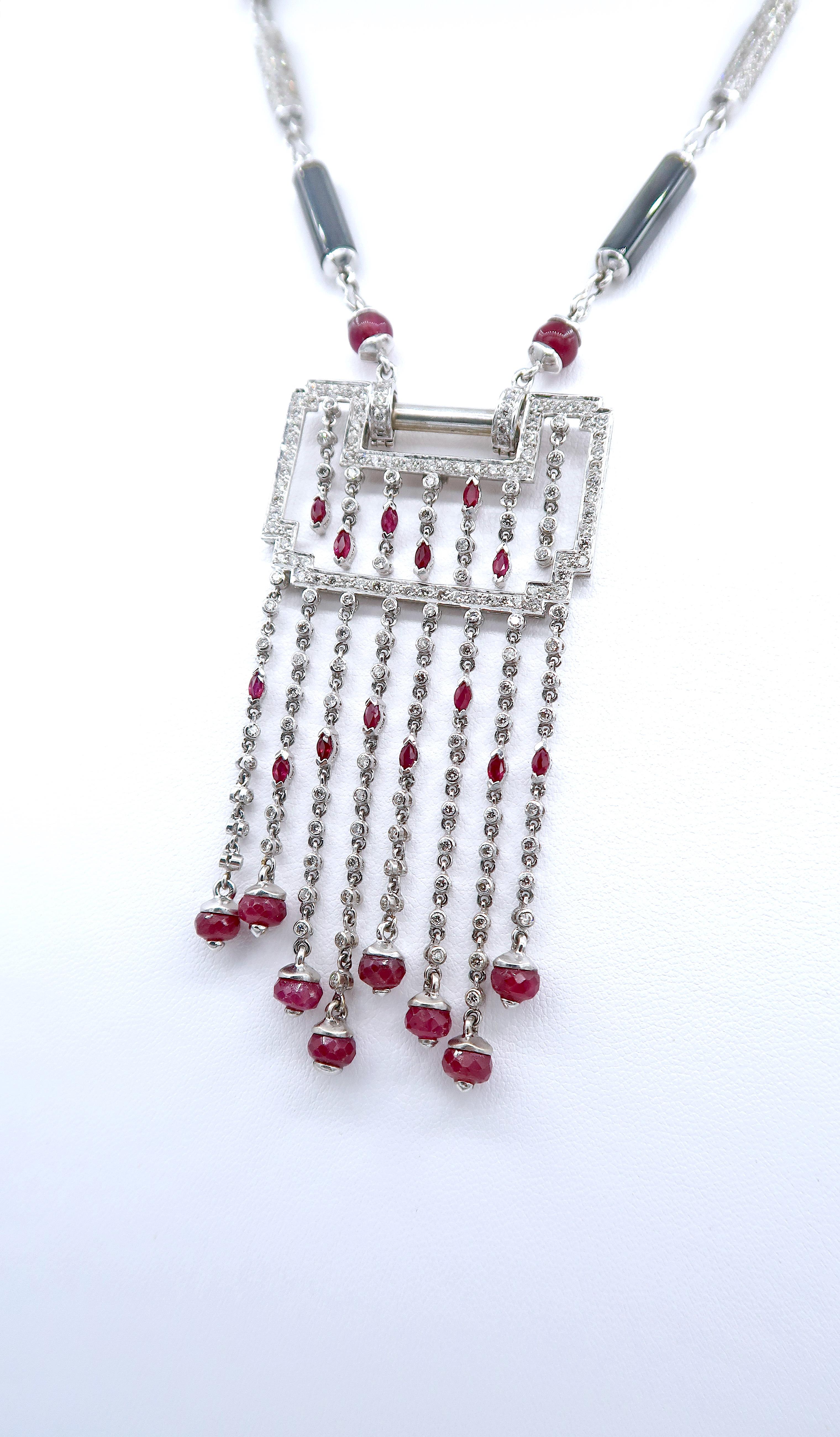 Chinese Meander Pattern Ruby Onyx Beads and Diamond 18 Karat Gold ...