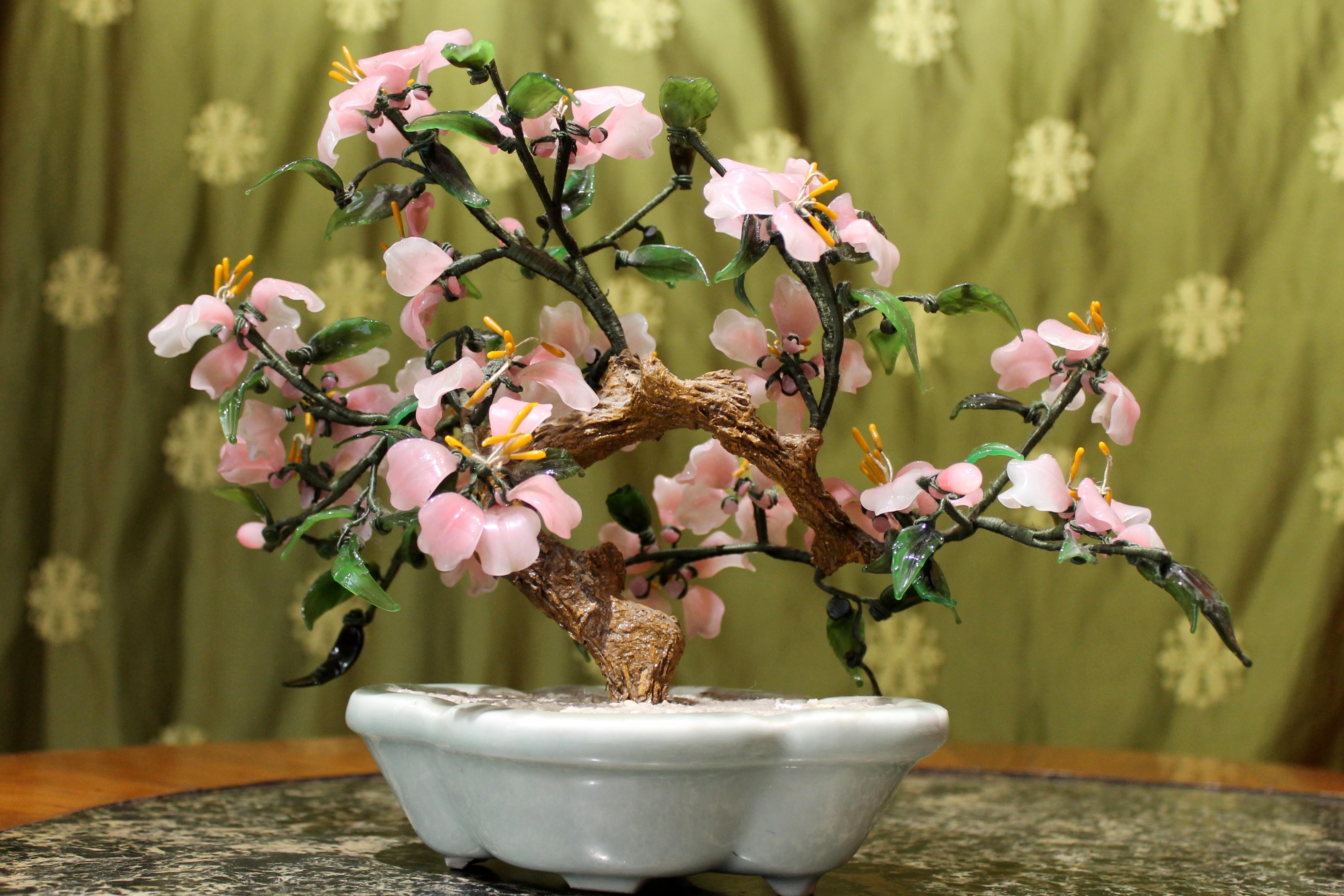 Chinese Mid-Century Modern Pink and Green Glass Fortune Tree in ...