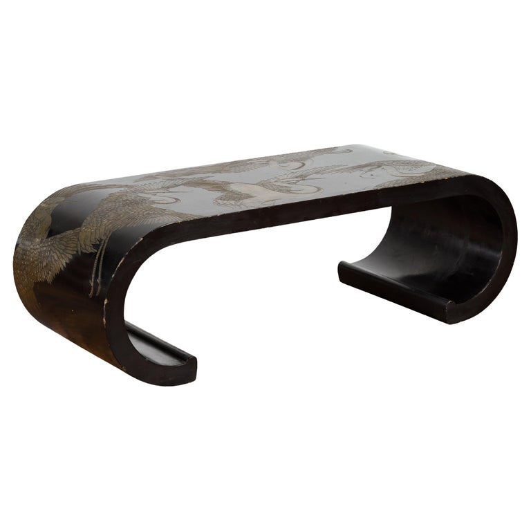 Chinese Midcentury Waterfall Scroll Table with Reserved Birds Décor For ...