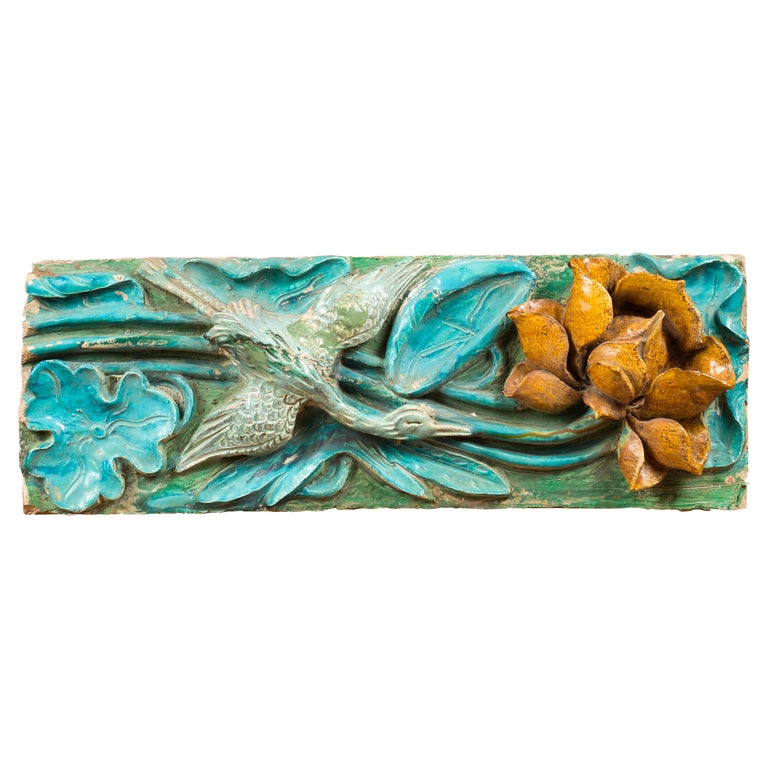 Chinese Ming Dynasty Period Ancient Turquoise Roof Tile with Crane and ...