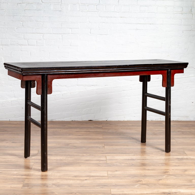 Chinese Ming Dynasty Style Black Lacquered Altar Console Table with Red ...