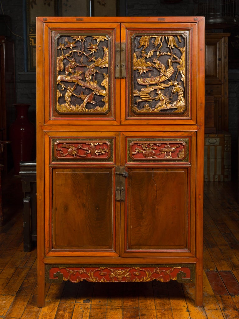 Chinese Ming Dynasty Style Cabinet with Doors, Drawers and Gilt Carved ...