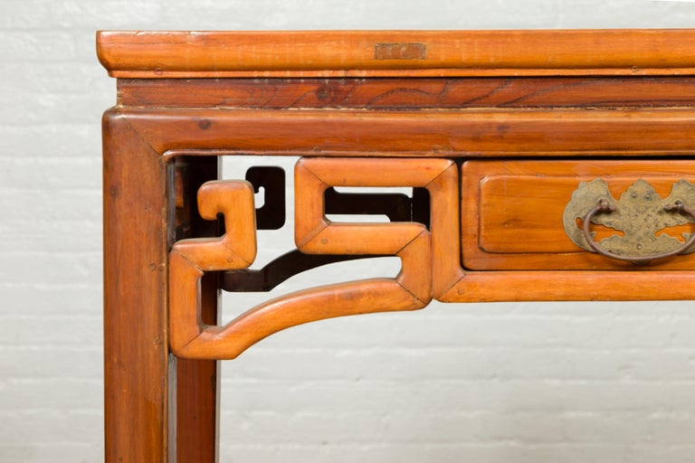 Chinese Ming Dynasty Style Elmwood Table with Single Drawer and Carved ...