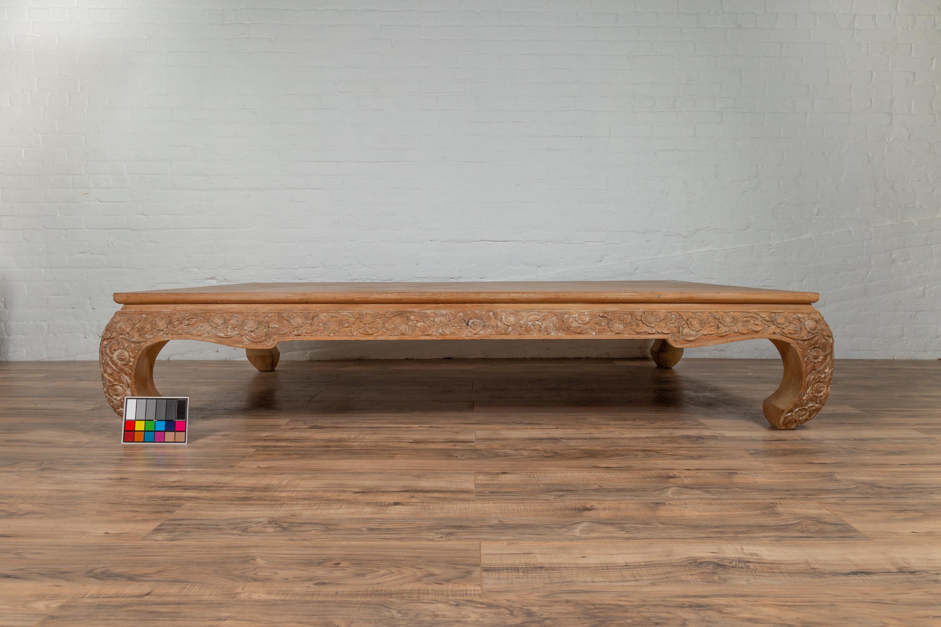 Chinese Ming Dynasty Style Natural Teak Coffee Table with Carved Floral ...