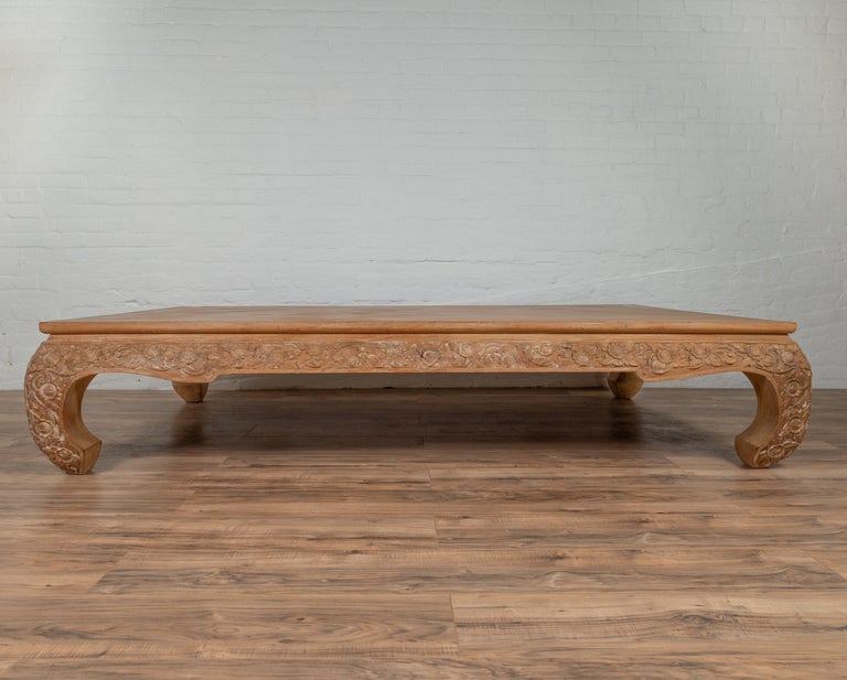 Chinese Ming Dynasty Style Natural Teak Coffee Table with Carved Floral ...