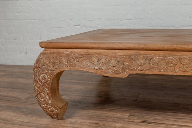 Chinese Ming Dynasty Style Natural Teak Coffee Table with Carved Floral ...