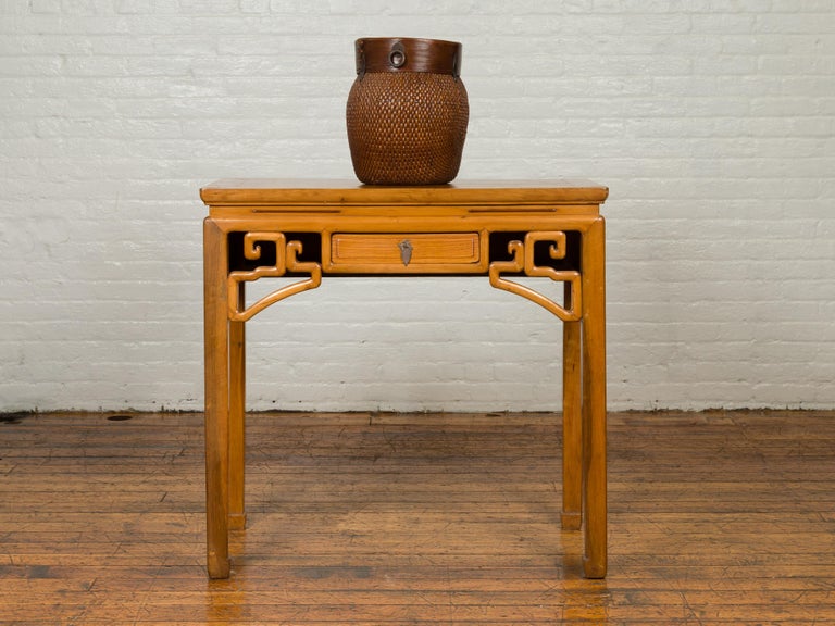 Chinese Ming Dynasty Style Waisted Desk with Geometric Apron and Single ...