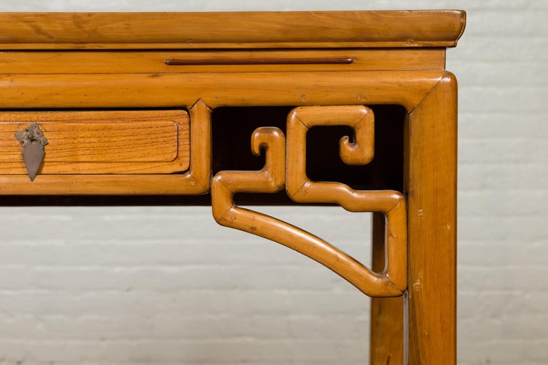 Chinese Ming Dynasty Style Waisted Desk with Geometric Apron and Single ...