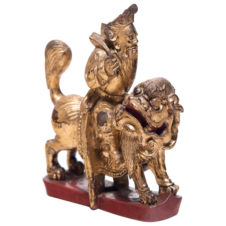 Chinese Mythical Gilt Figure with Divine Steed, circa 1850 at 1stDibs