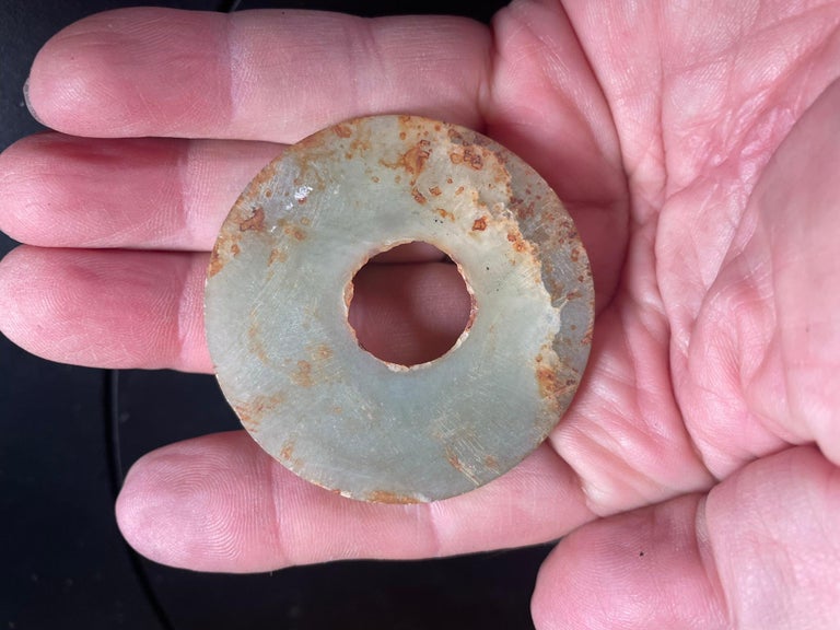 Chinese Old Hand Carved Jade Bi Disc on Custom Stand For Sale at 1stDibs
