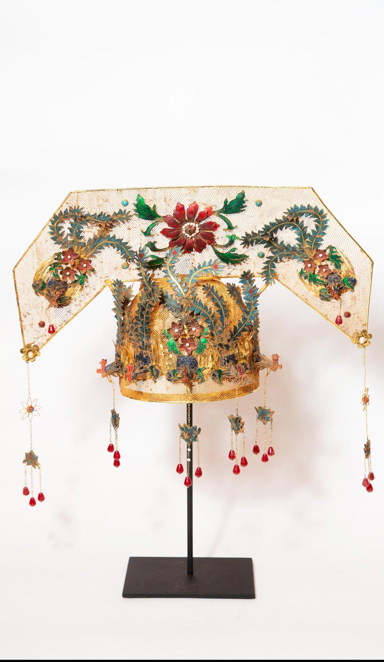 Chinese Opera Theatre Headdress, Rose Fan For Sale at 1stDibs