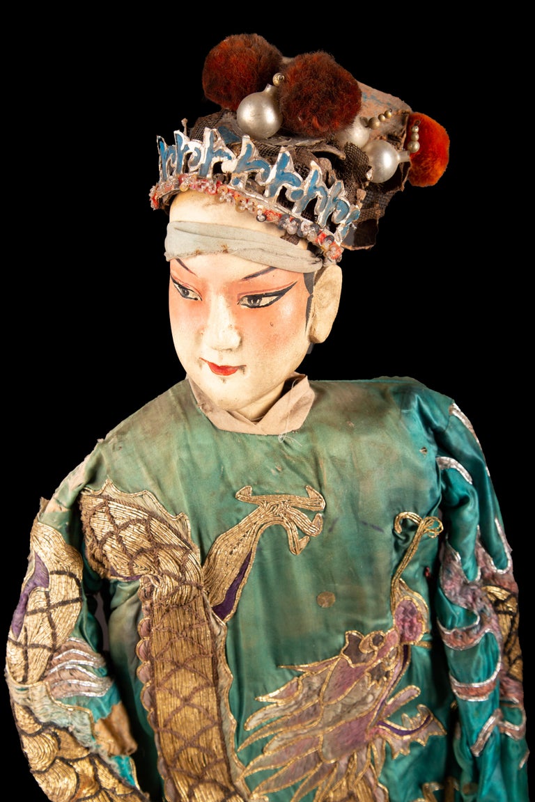 Chinese Opera Theatre Marionette, Green Silk Robe, Pink Pom Poms For ...