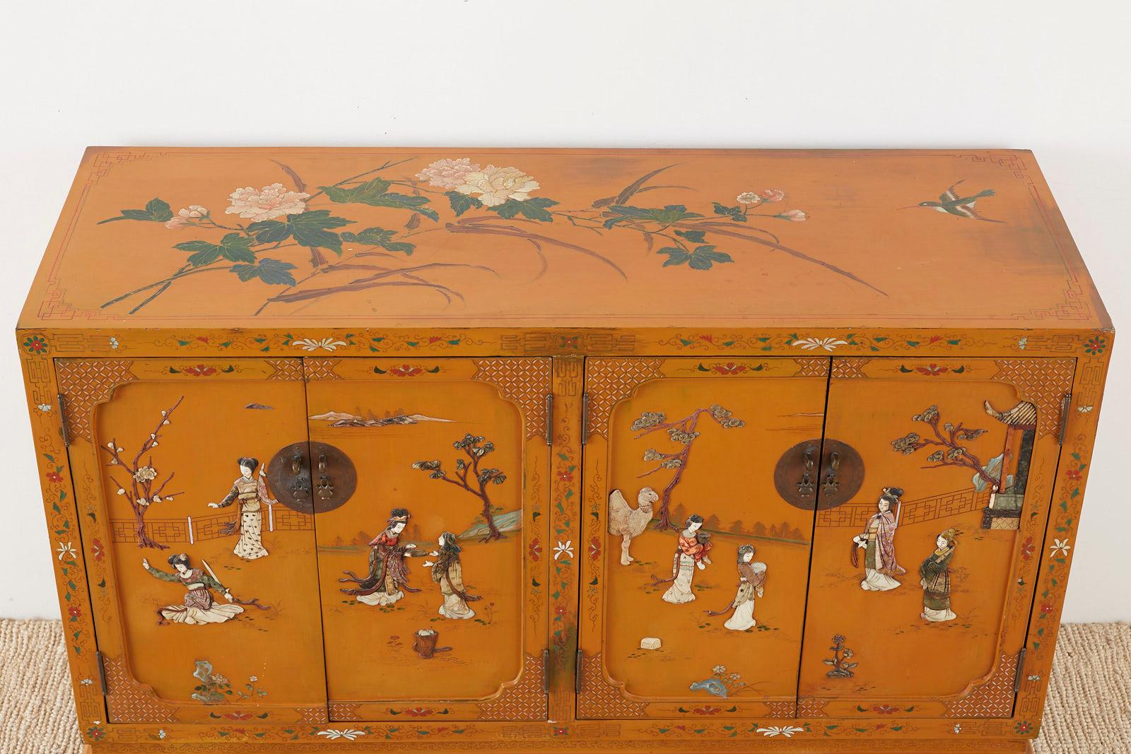 Chinese Orange Lacquered Cabinet with Soapstone Inlay at 1stDibs
