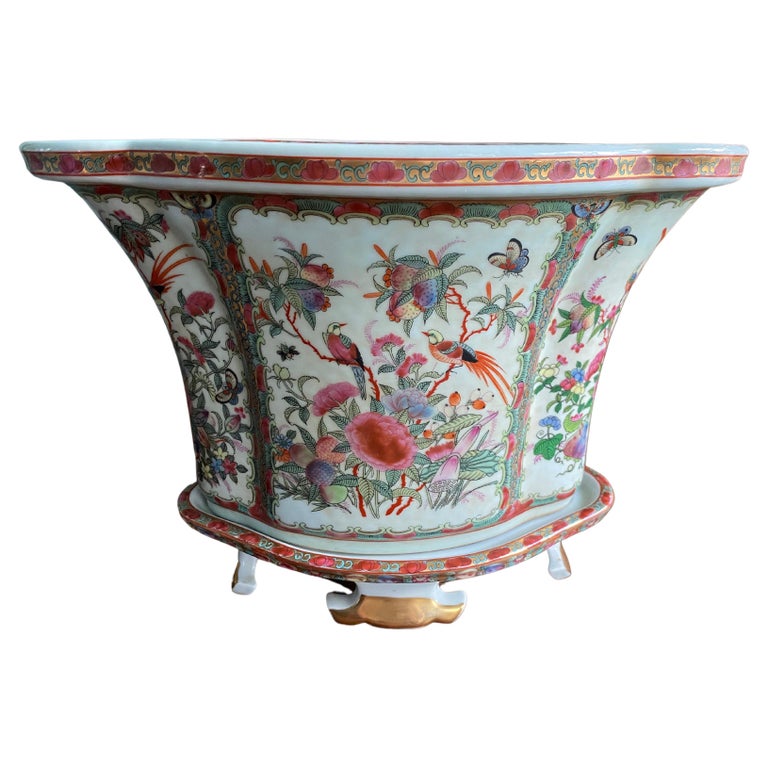 Chinese Oval Porcelain Jardiniere with under Plate For Sale at 1stDibs