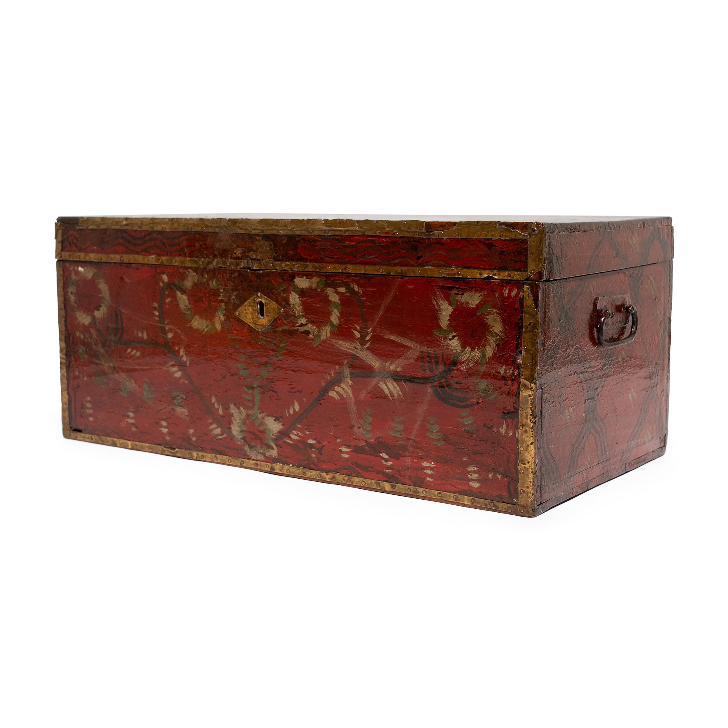 Chinese Painted Red Lacquer Trunk, C. 1850 at 1stDibs