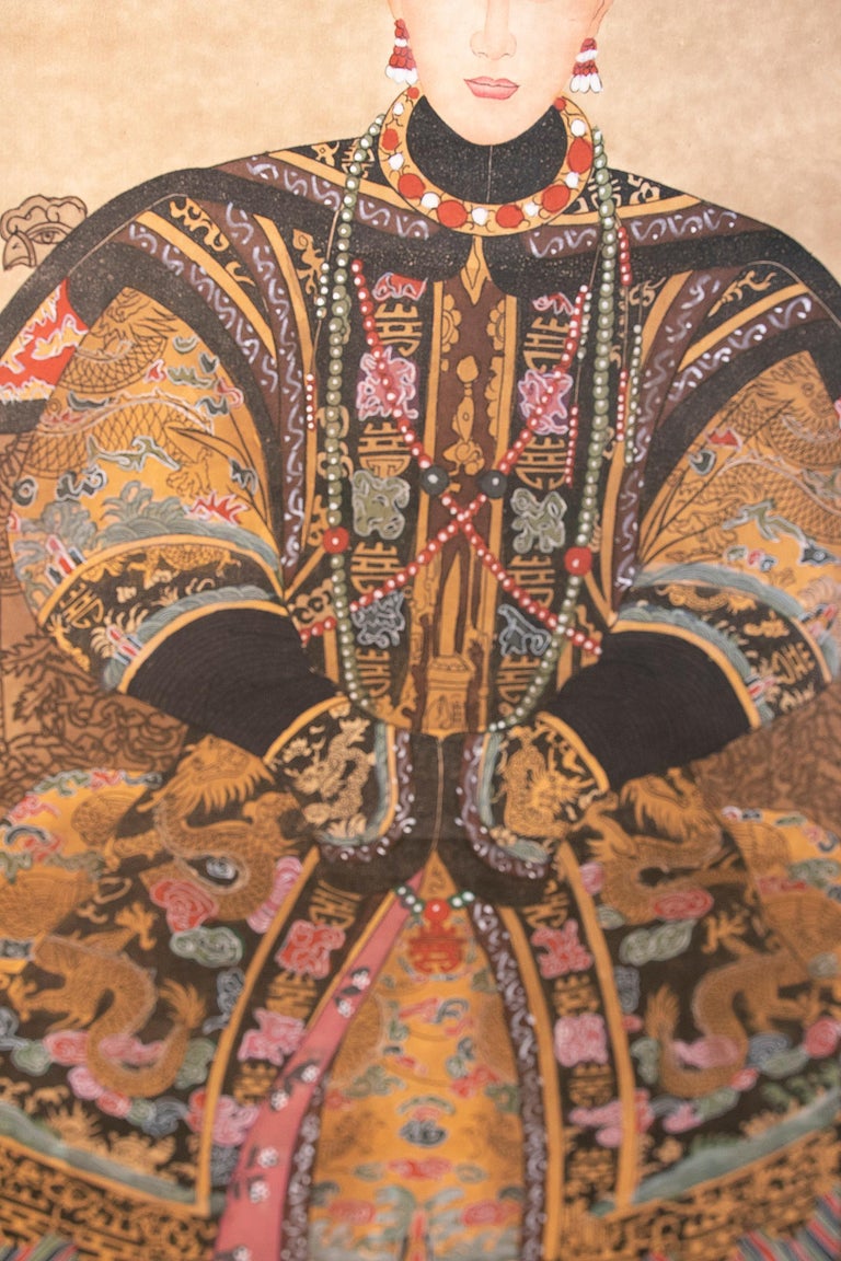 Chinese Pair of Hand Painted Posters of King and Queen Sitting on ...