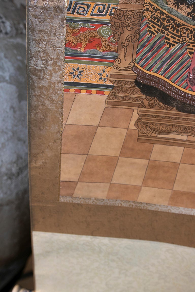 Chinese Pair of Hand Painted Posters of King and Queen Sitting on ...