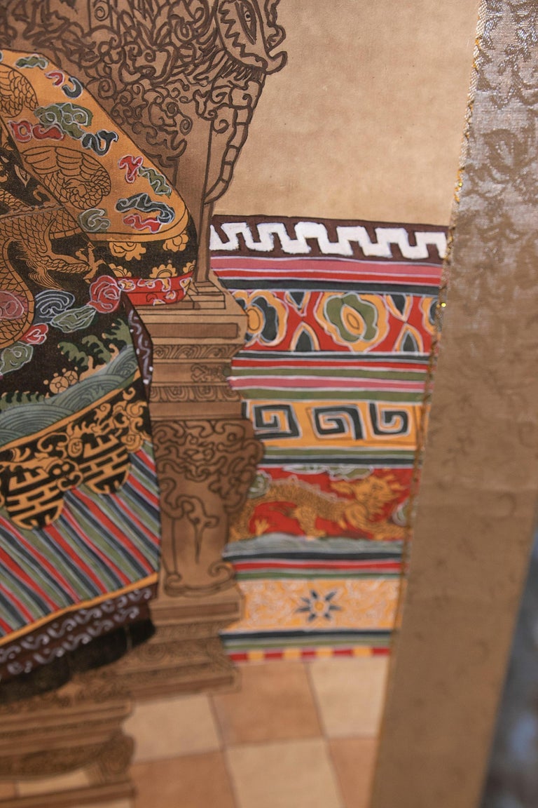 Chinese Pair of Hand Painted Posters of King and Queen Sitting on ...