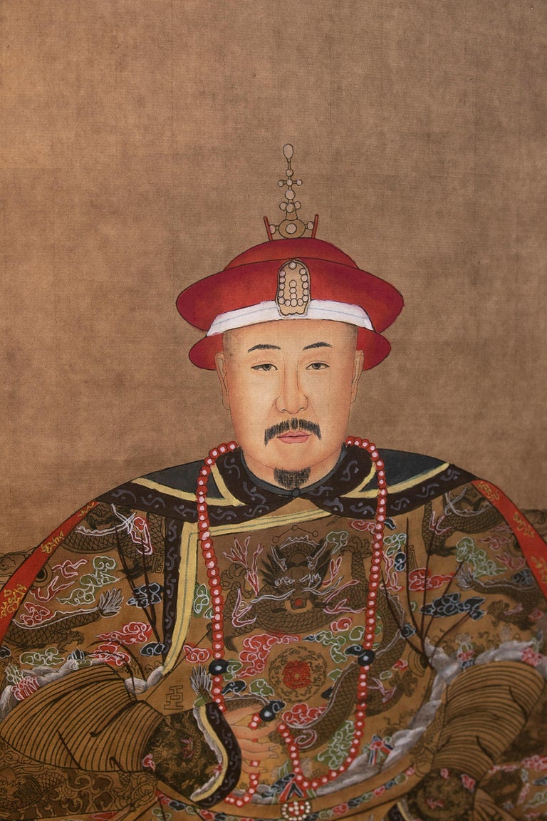 Chinese Pair of Hand Painted Posters of King and Queen Sitting on ...