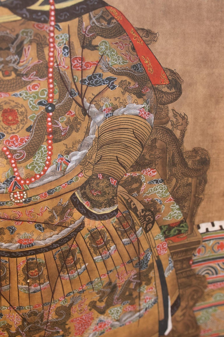 Chinese Pair of Hand Painted Posters of King and Queen Sitting on ...