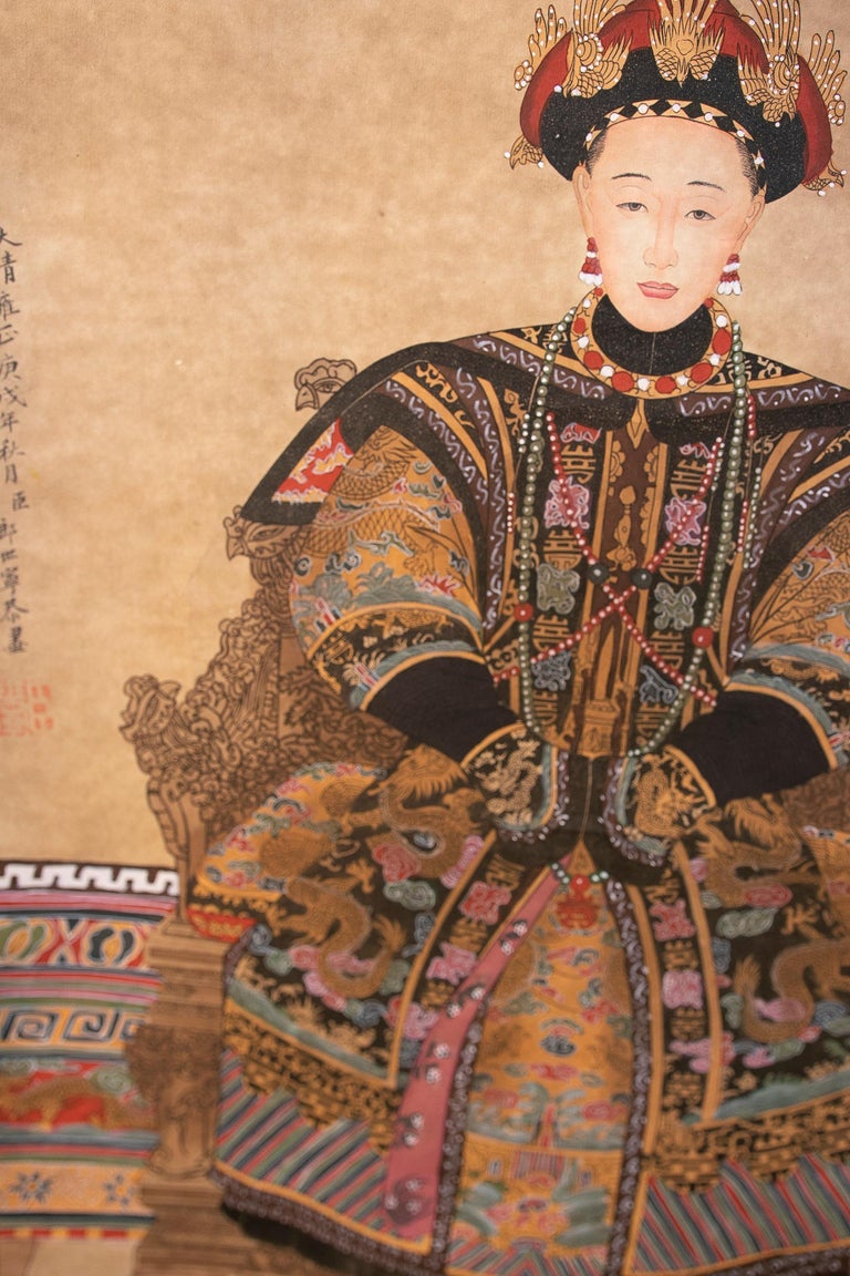 Chinese Pair of Hand Painted Posters of King and Queen Sitting on ...