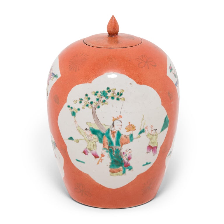 Chinese Persimmon Ovoid Ginger Jar with Cartouche Paintings, c. 1920s ...