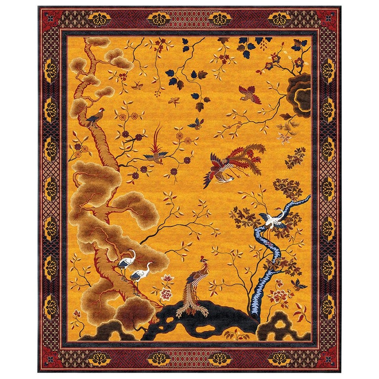 Traditional Chinoiserie Silk Rug gold colorful - Chinese Phoenix ...