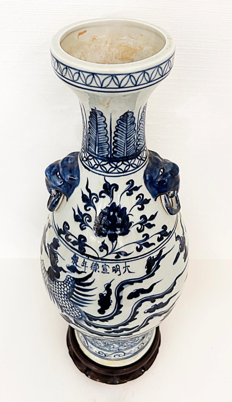 Chinese Porcelain Blue and White Phoenix Bird Vase on Carved Stand For ...