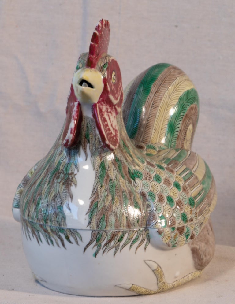 Chinese Porcelain Polychrome Rooster Form Covered Bowl For Sale at 1stDibs
