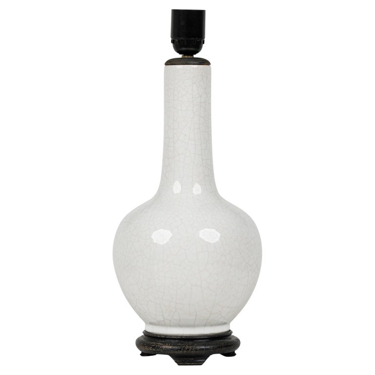 Chinese Porcelain White Crackle Glazed Table Lamp on Carved Wood Base ...